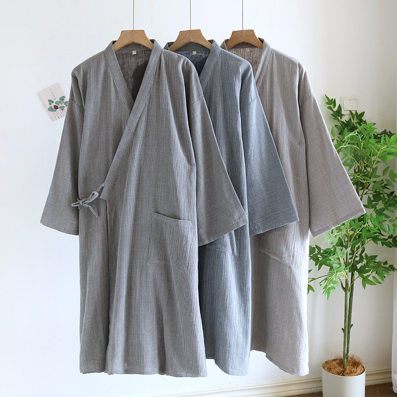 Ready Stock] Jubah 100% Cotton Gauze Men Kimono pyjamas Robe 3/4 Sleeve ...