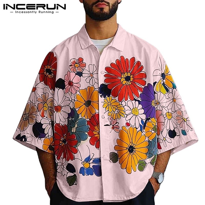 INCERUN Men's Floral Printed Seven Sleeve Shirt | Shopee Malaysia