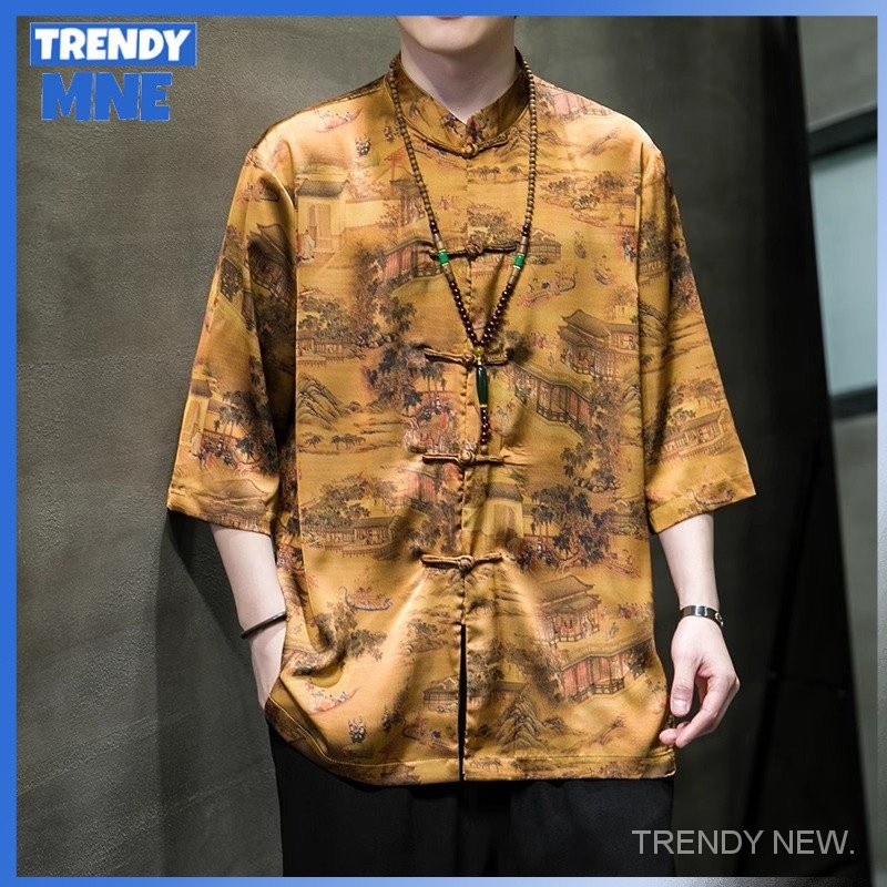 T Tang Suit Short-Sleeved Buttoned Shirt Men Chinese Style Printed ...