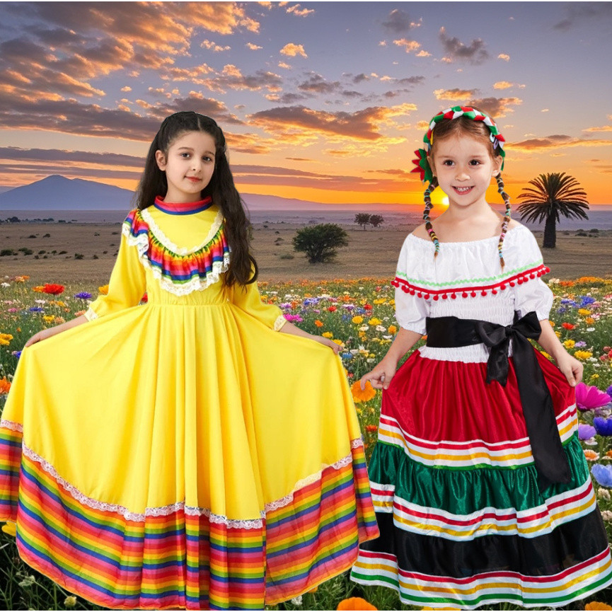 【Uhome】Mexico Costume For Kids Girl Traditional Folk Mexican Dress For ...