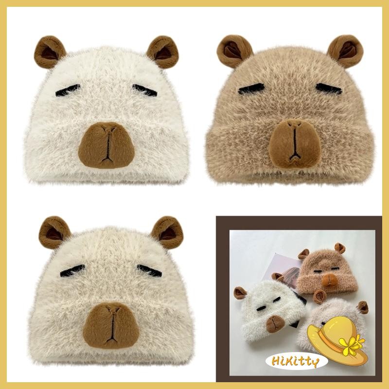 HIK Furry Skull Hat 2000s Trend Hat with Capybara Ear Hat Soft Knit ...