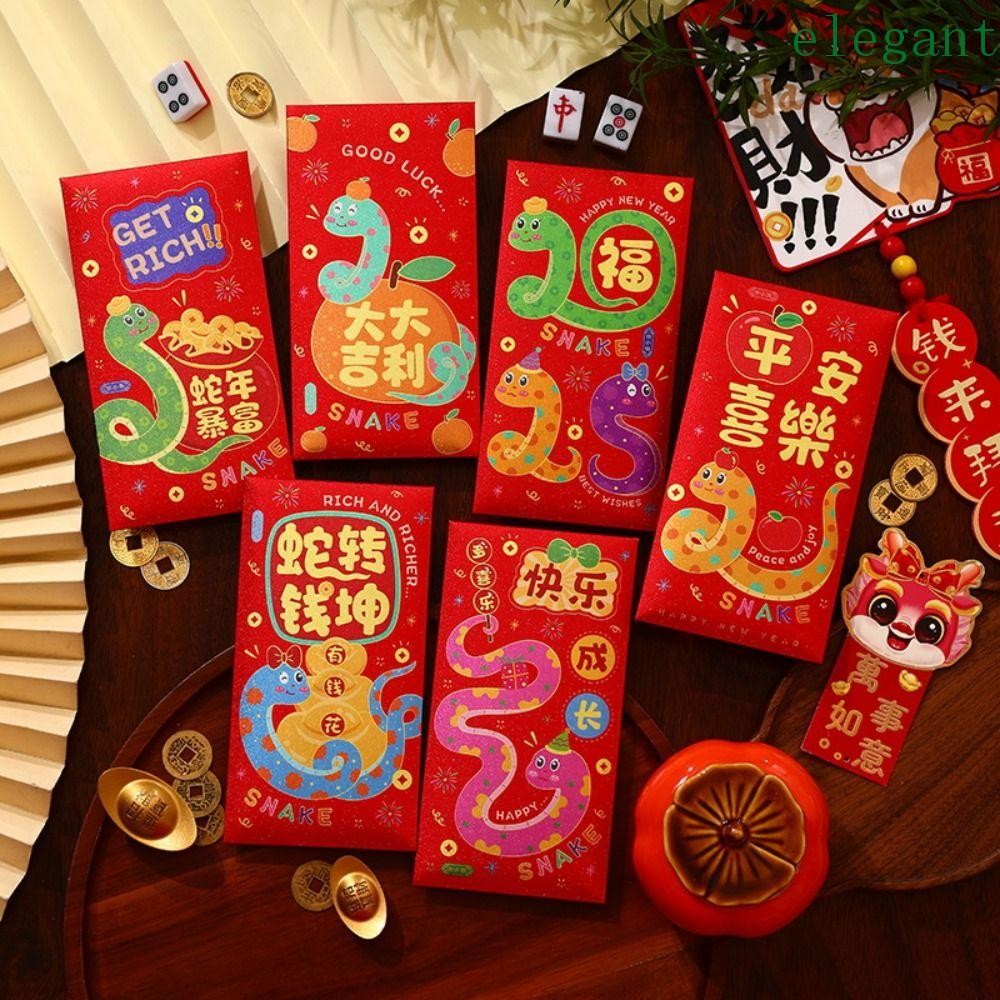 ELEGANT 6pcs 2025 New Year Red Envelope, Blessing Paper Snake Year Red ...