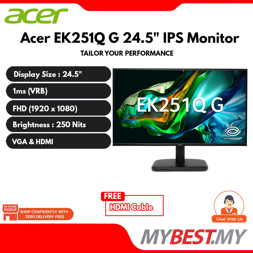 Acer EK251Q G 24.5" IPS 120hz 1ms FHD Monitor (VGA/ HDMI/ AUXO) Build ...