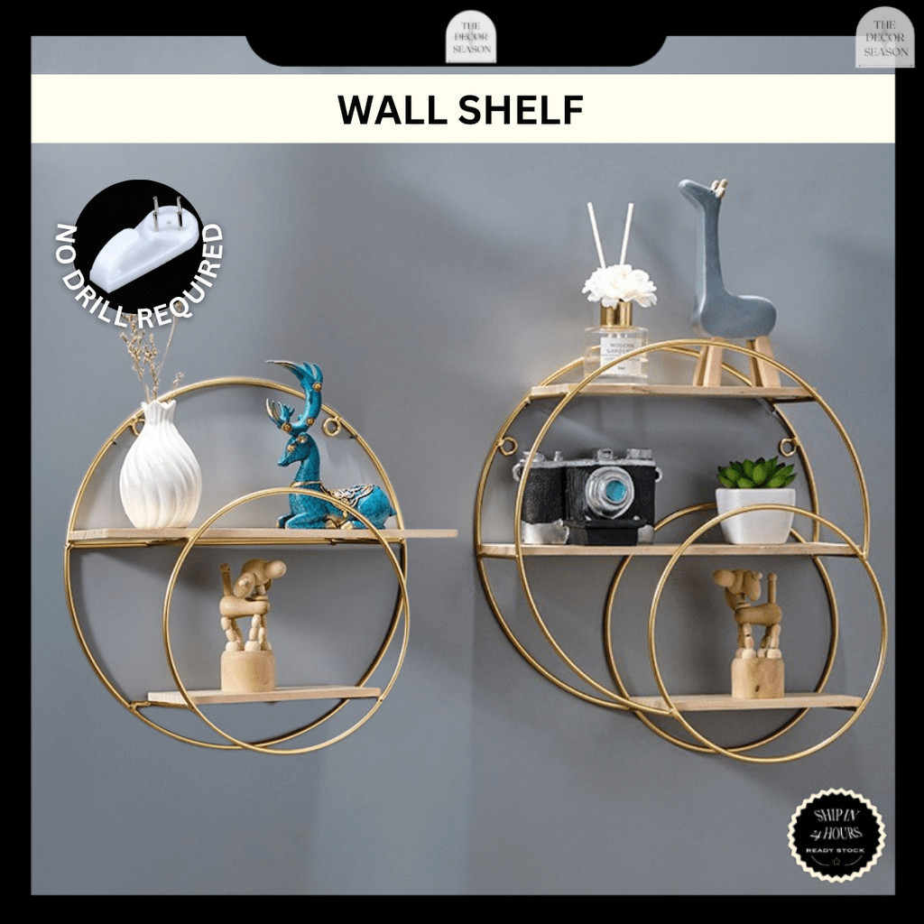 Wooden Wall Shelf Book Rack Drill Free Floating Living Room Rak Besi ...