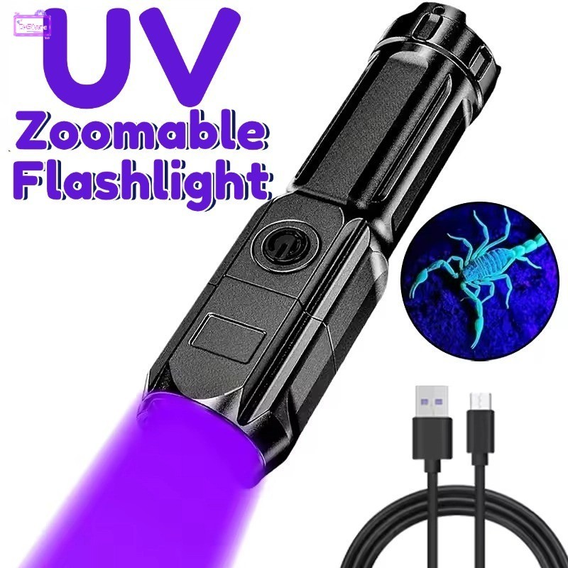 USB Charging LED Ultraviolet Zoomable Flashlight Portable UV Torch ...