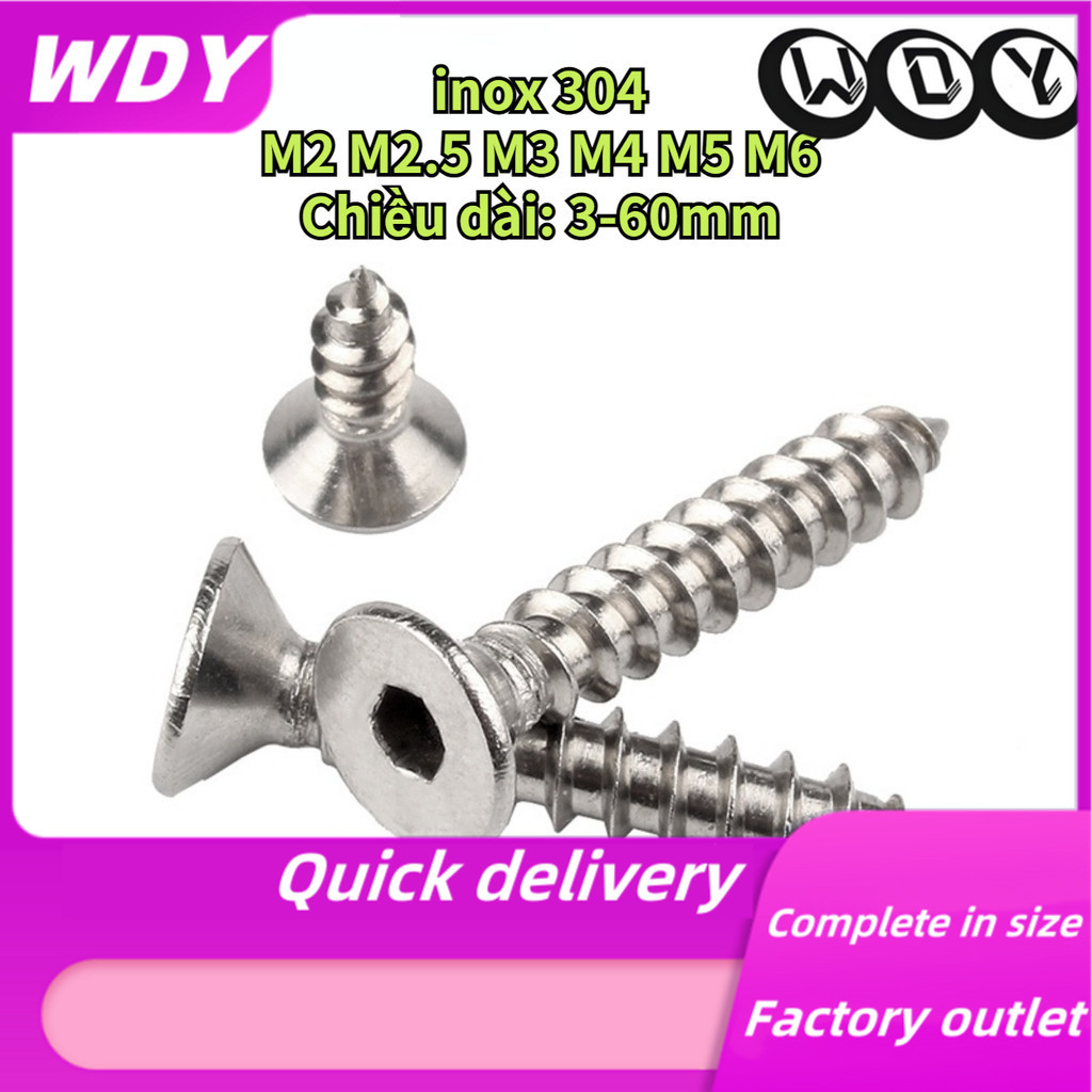 M2/M2.5/M3/M4/M5/M6 304 Stainless Steel Screws Wood Screws Flat hex Head Self Tapping Screws【YHL ...