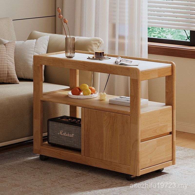 Solid Wood Sofa Side Table Rock Side Table with Wheels Nordic Small ...