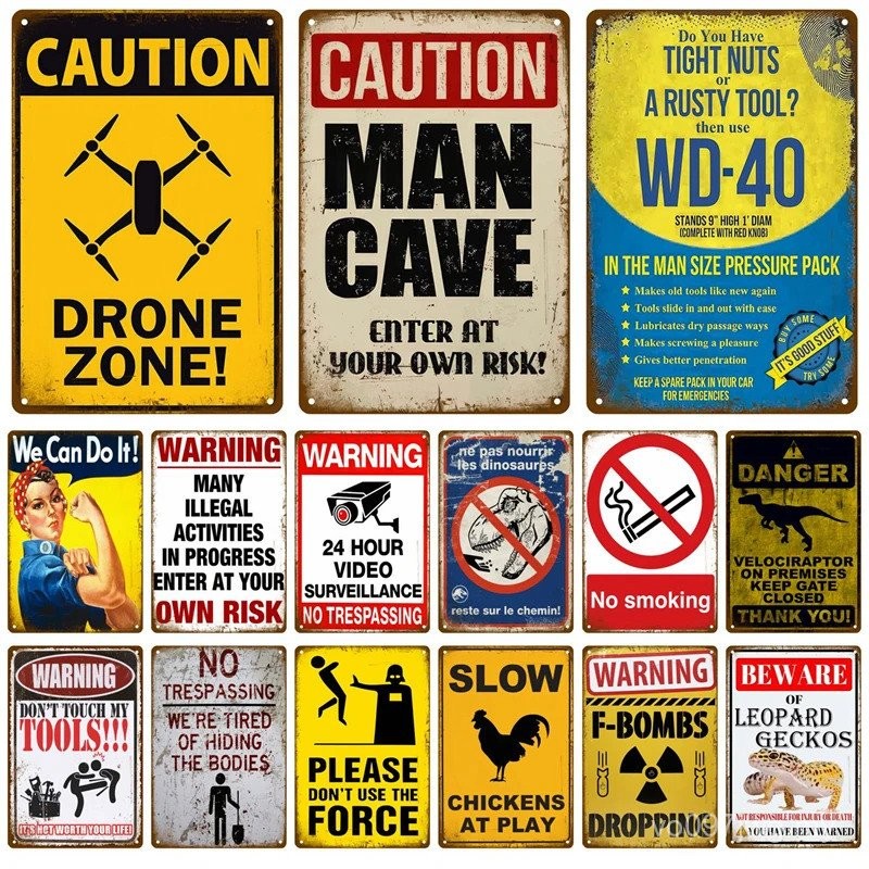 Vintage Warning Tin Signs Retro Caution Metal Sign Cafe Club Man Cave ...