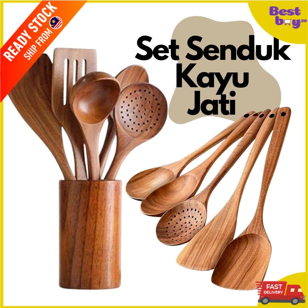 6PCS Senduk Kayu Jati Wood Utensil Kitchen Teak Natural Wood Tableware ...