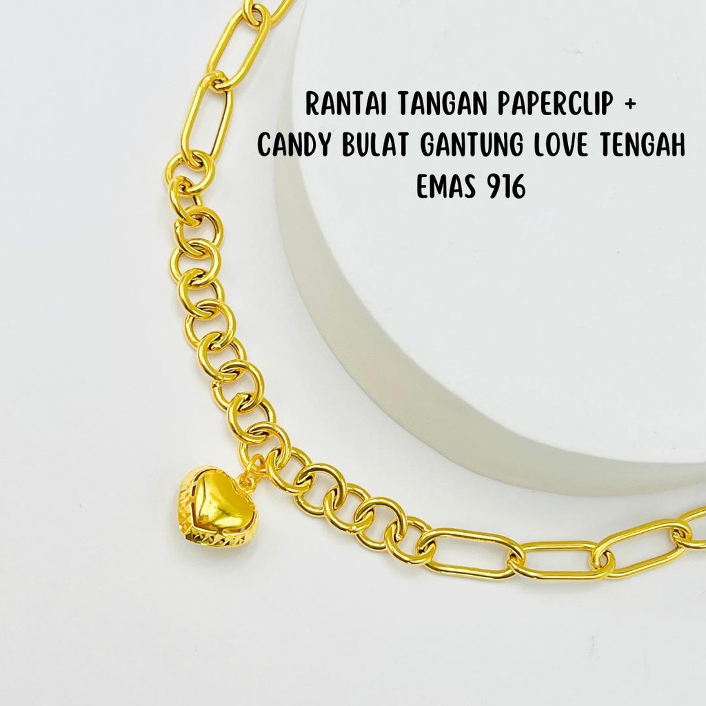 MYDORA Rantai Tangan Paperclip + Candy Bulat Gantung Love Tengah l EMAS ...