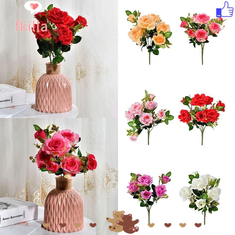 FKILLA1 Simulation Flowers, 7 Heads Silk Artificial Rose Bouquet, Vivid ...