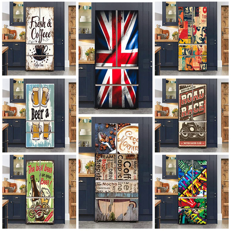 Custom refrigerator sticker Retro Flag Cofee Beer Design Fridge Door ...