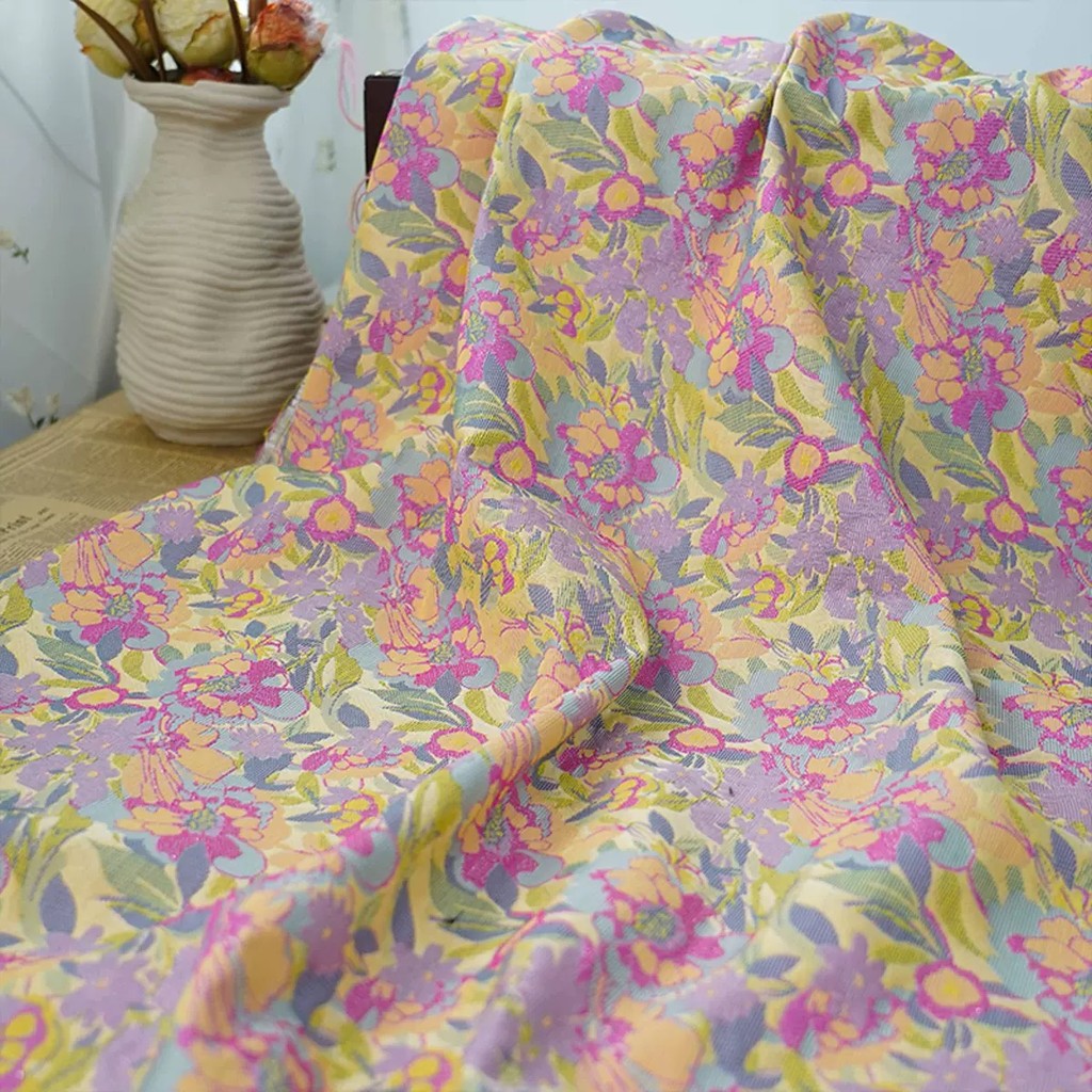 [1 Meter]Vintage bright silk flower yarn-dyed jacquard fabric Floral ...