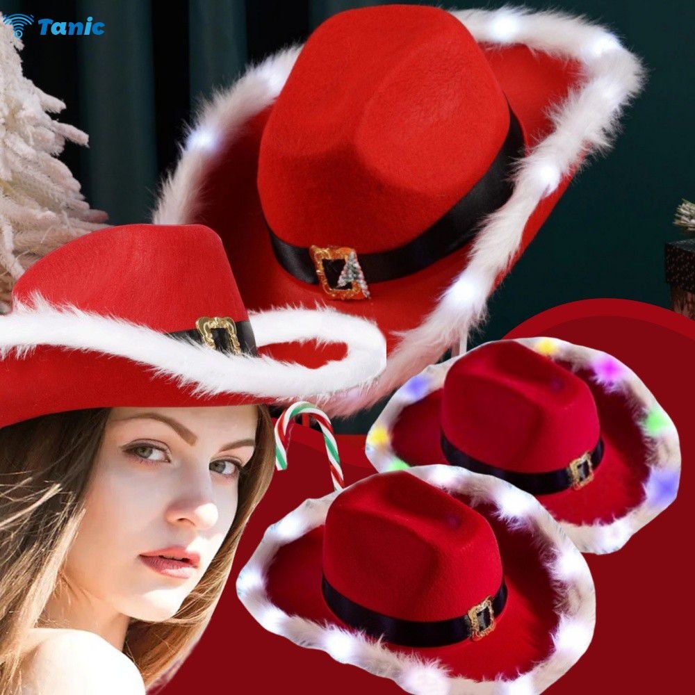 Santa Claus Party Christmas Luminous Cowboy Hat Western Red Felt Hats ...