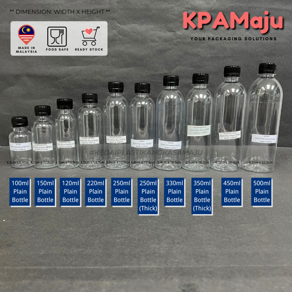 Botol Plastik + Black Cap (100ml, 120ml, 150ml, 220ml, 250ml, 330ml, 350ml, 450ml, 500ml ...