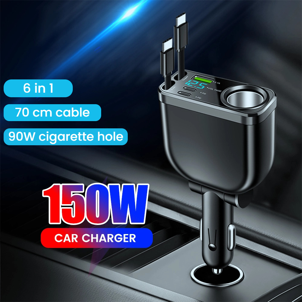 150W Car Charger USB+ Dual Type-C Port with Stretching Cable PD Fast ...