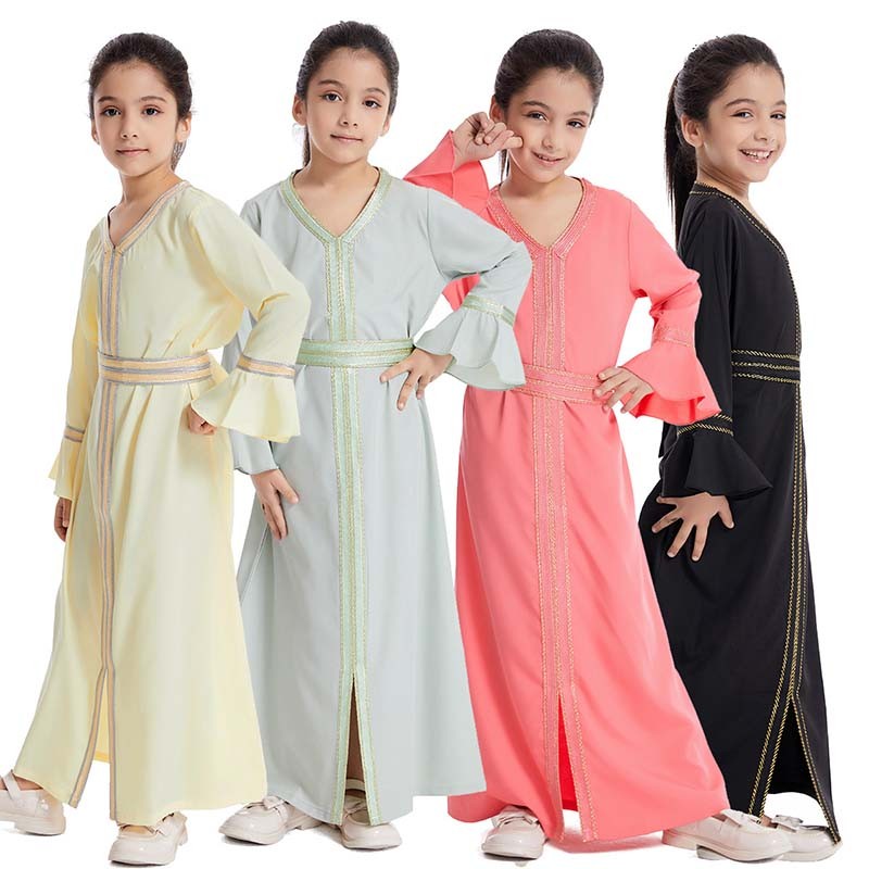Kids Muslim Long Dress Islamic Clothing Dubai Abayas Children Eid ...