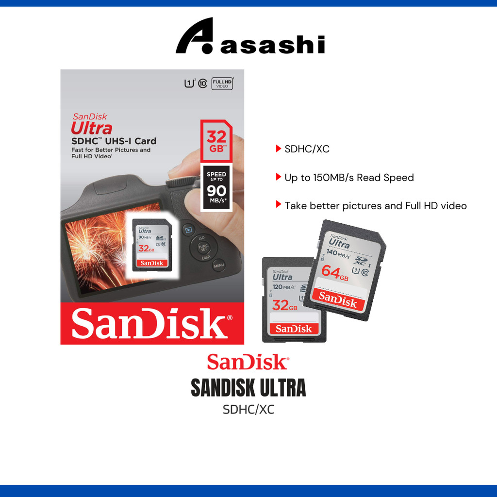 Sandisk Ultra 32GB / 64GB / 128GB / 256GB SDHC/XC Card (Up to 120MB/s ...