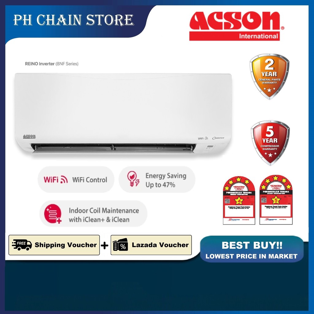 ACSON 1.0HP 1.5HP 2.0HP 2.5HP 3.0HP REINO BNF INVERTER WIFI AIR CONDITIONER A3WMY10BNF | Shopee ...
