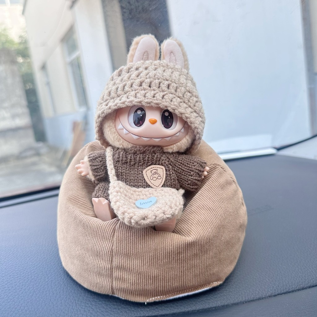 Labubu POP MART V1/V2 17cm Plush Doll Pendant Bear Label Sweater Hat ...