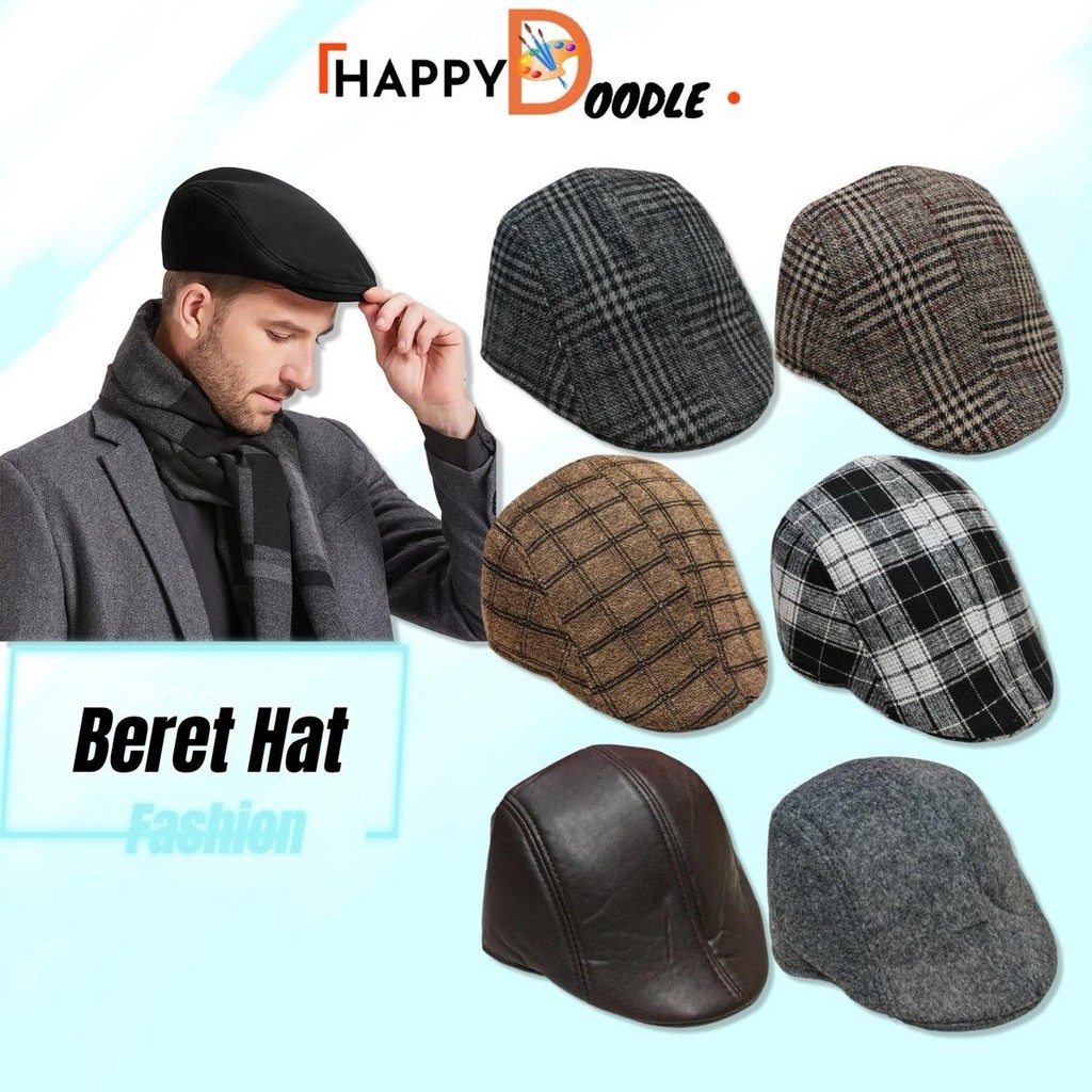 [HAPPY DOODLE]Topi Retro Rata Beret Golf Newsboy Cap British Driving ...