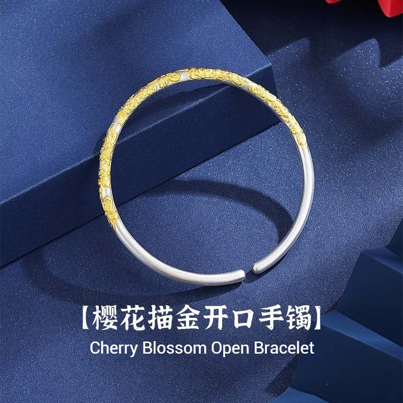 JF Cherry Blossom Open Bracelet 999 Silver Bangle Not Easy to Fade ...