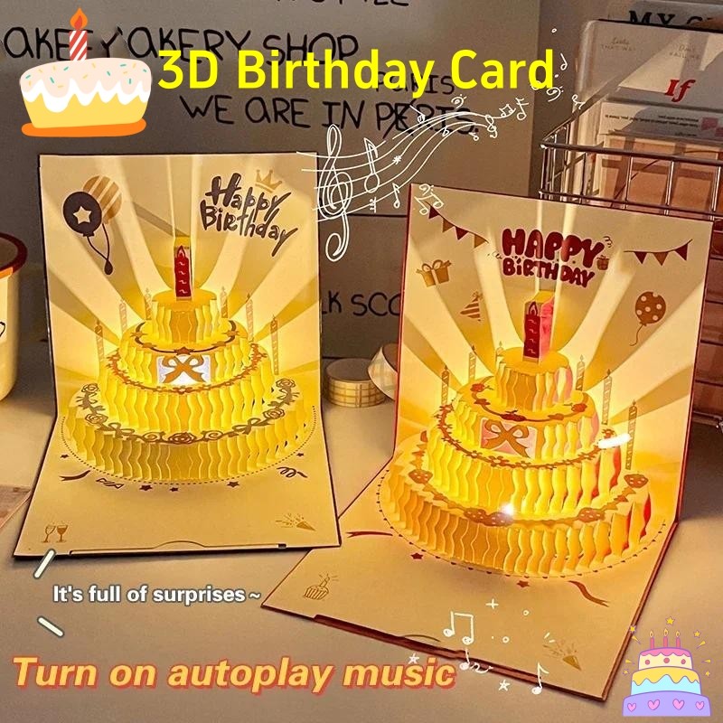 3D Cake Pop-up Birthday Card with Music and Light Hand Engraved ...