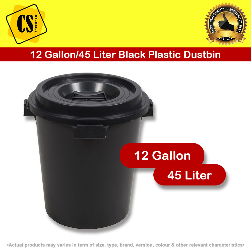 12 Gallon/45 Litres Black Plastic Dustbin With Cover Big Black Dustbin ...