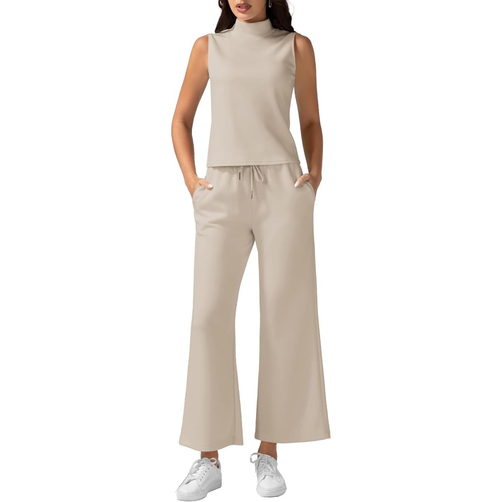 Women's Summer 2 Piece Outfits Mock Neck Tank Top Cropped Wide Leg ...