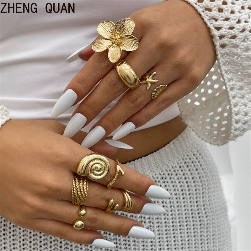 8-Piece Fashion Starfish Seashell Floral Combo Rings Set Gold Plated Adjustable Ring Sets ...