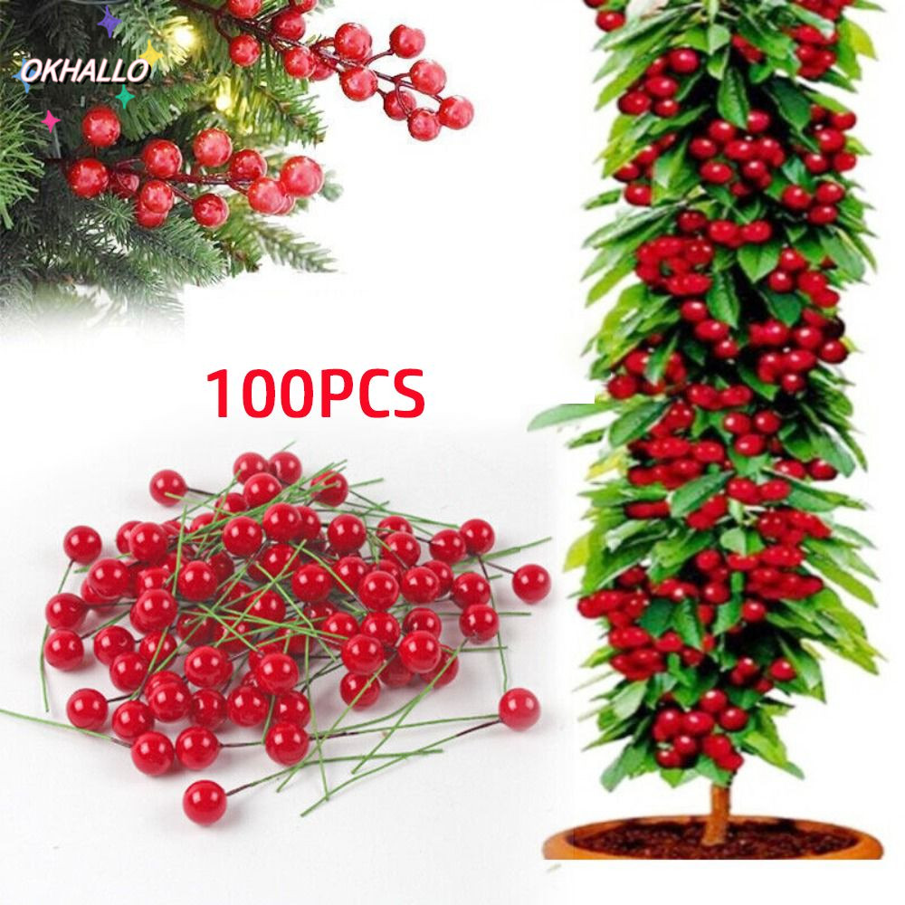 OKHALLO 100Pcs Artificial Red Holly Berries Flowers, Mini DIY Fake ...