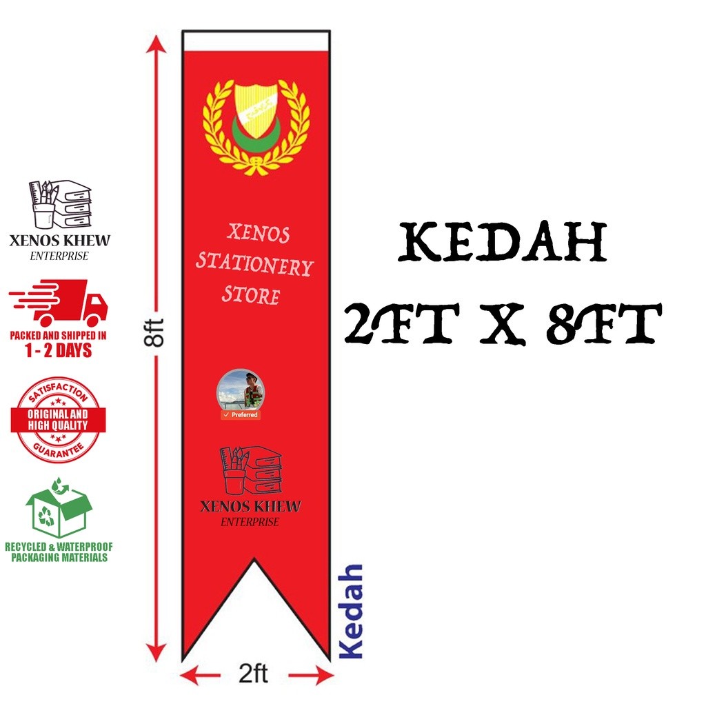HIGH QUALITY KEDAH FLAG (POLYMESH) 2X8 / 3X6 BENDERA KEDAH 2FT X 8FT ...