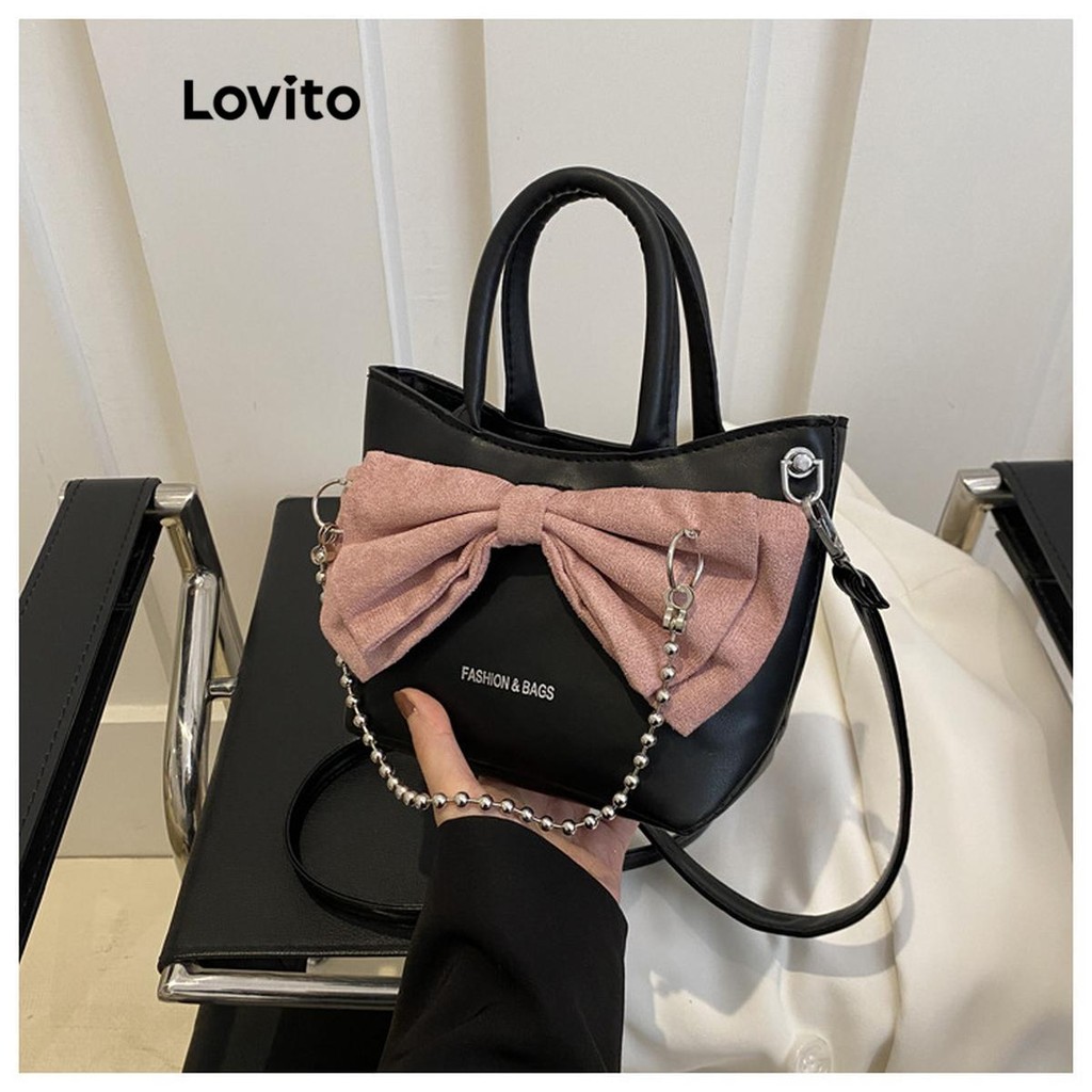 Lovito Casual Plain Soft Bow Metal Chain Handle Square Bag Simple And ...