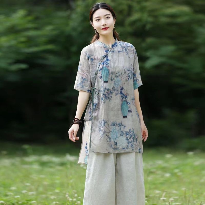 Ramie Top Chinese Style Improved Cheongsam Mid-Length Ladies Cotton ...