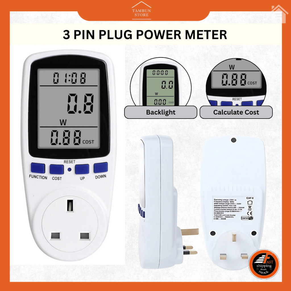 3 Pin Plug Power Meter Energy Monitor Backlight Voltage Current Alat ...