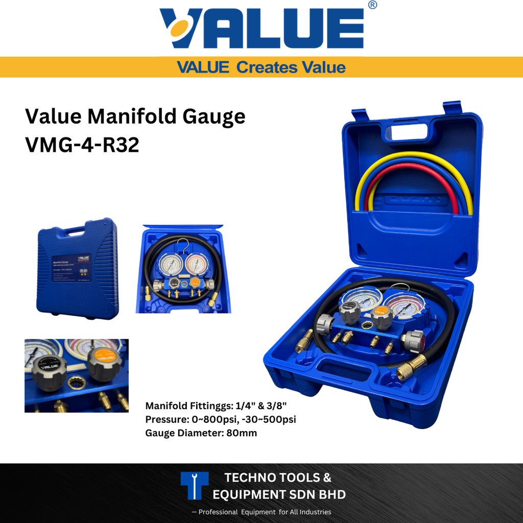 VALUE VMG-4-R32 4-Way Manifold Gauge Set (Refrigerant Scale: R32 /R134A ...