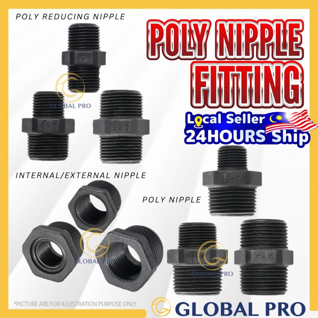 SY Poly Fittings Reducing Nipple Poly Nipple Threaded Pipe Fitting PP Poly Fitting Penyambung ...