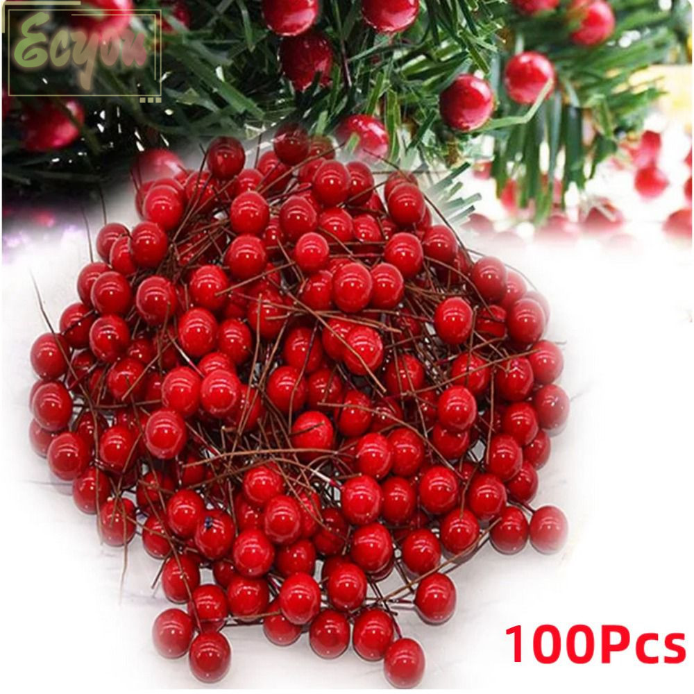 ECYOU 100Pcs Artificial Red Holly Berries Flowers, Christmas DIY Fake ...