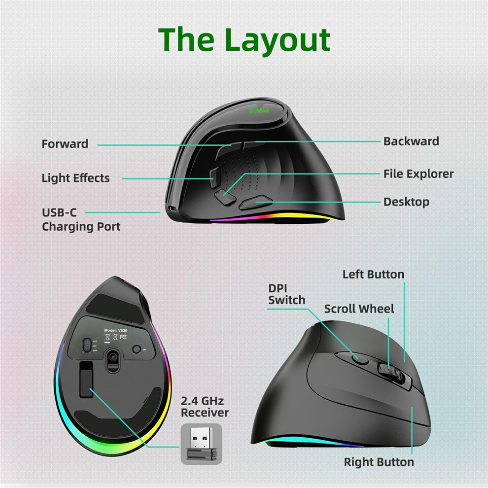 Jomaa 2.4G+Bluetooth Ergonomic Vertical Wireless Mouse 4000 DPI RGB ...