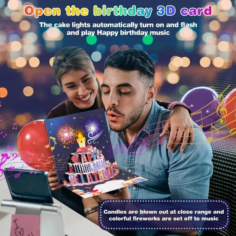 Birthday Card 3D Fireworks Pop up Cake Blowing Light and Music Happy ...