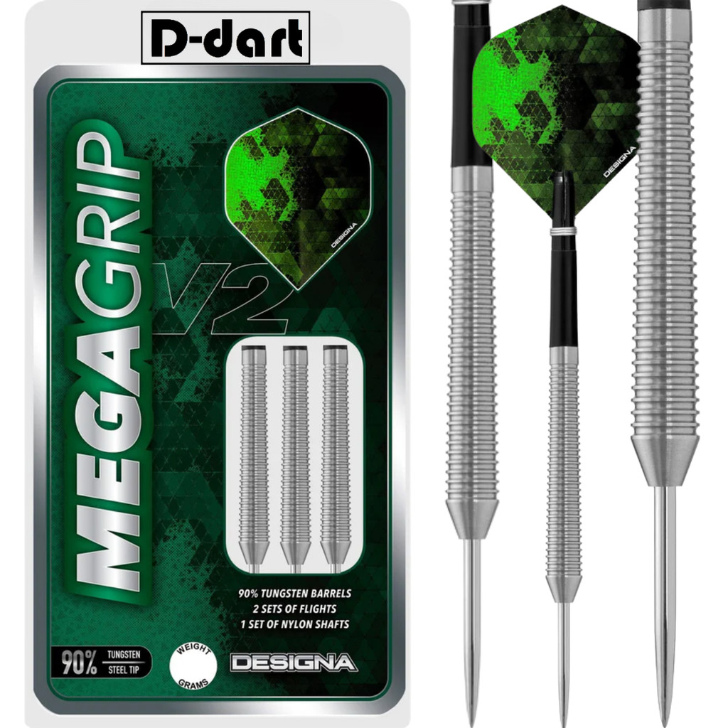 DESIGNA STEEL TIP DARTS - 25G MEGA GRIP V2 M4 90% TUNGSTEN DART SET ...