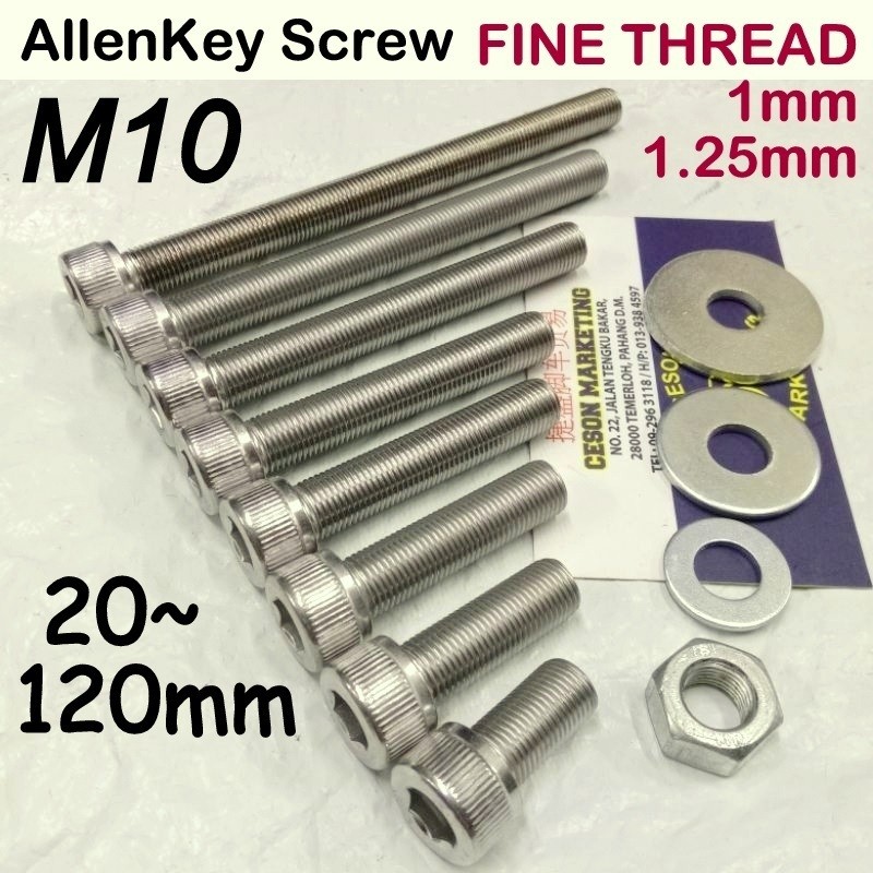 M10 Fine Threaded 1mm 1.25mm Hex Socket Cap Head Screws 304 Stainless ...