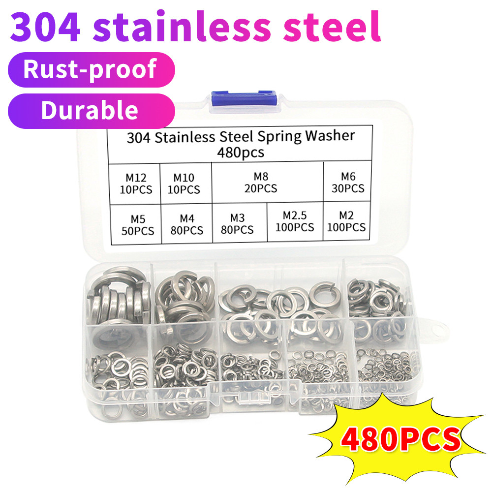 304 Stainless Steel Spring Washers Set - M2 to M12, 480pcs lock washer ...