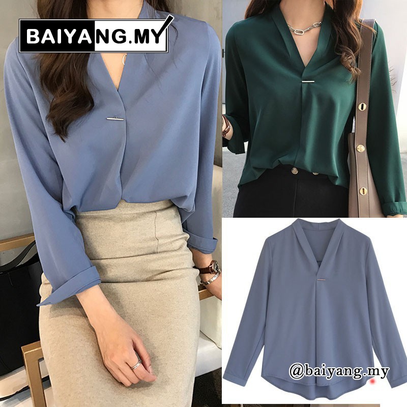 Plus Size S-4XL Chiffon Blouse Women OL Baggy Flowy Korean Style Long Sleeve V Neck Loose Slim ...