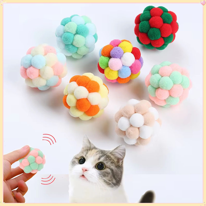 Cat Ball Toys Pet Rainbow Plush Ball with Bell Colorful Kitten Chewing ...
