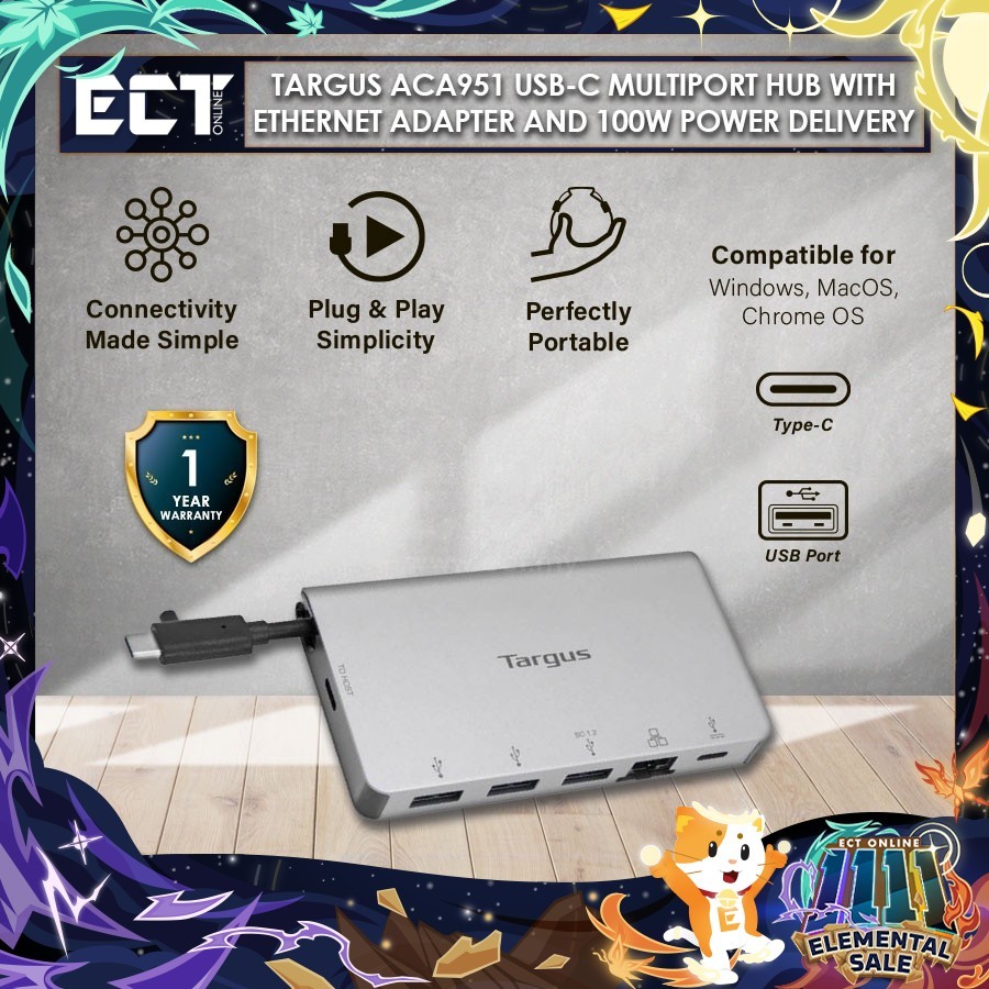 Targus ACA951 USB-C MultiPort Hub with Ethernet Adapter and 100W Power ...