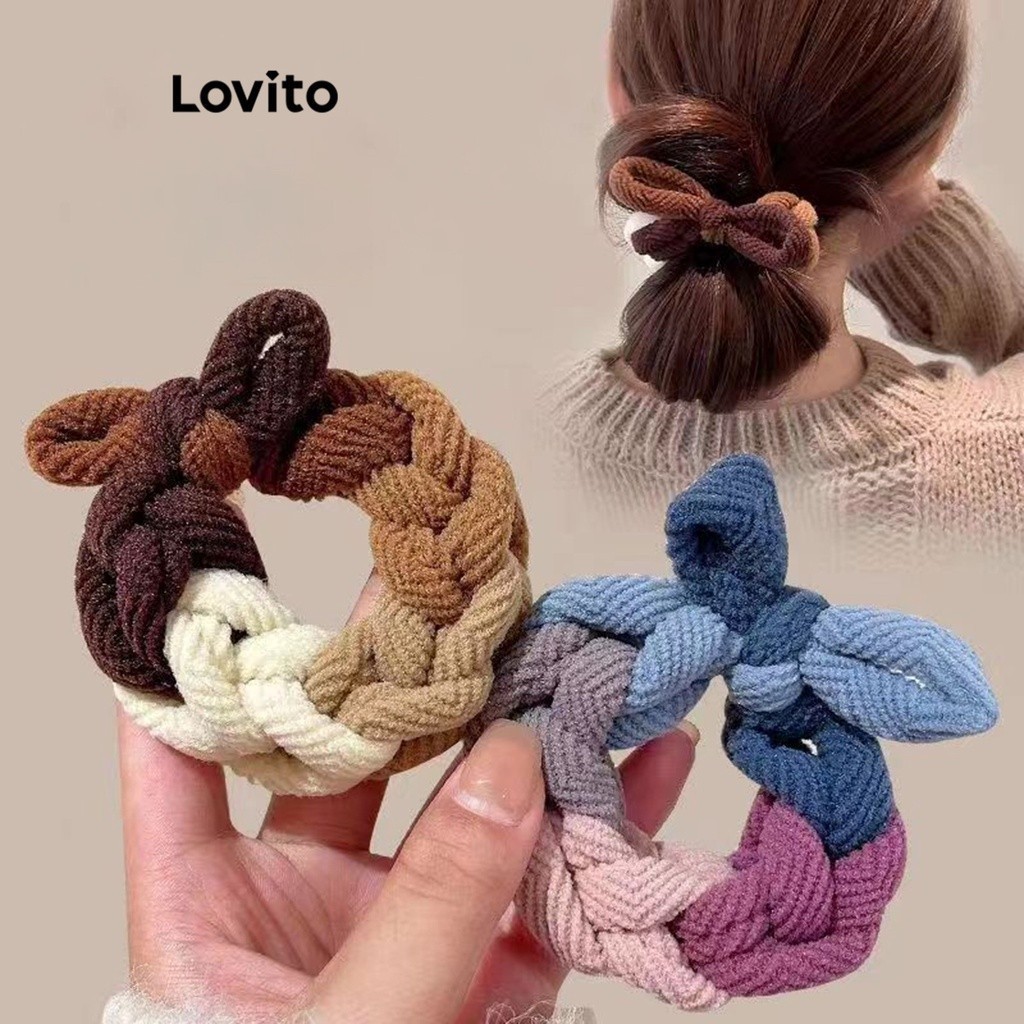 Lovito Casual Patchwork Colorblock Bow Twist Knitting Hair Ties for ...