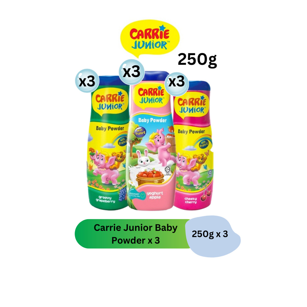Carrie Junior Baby Powder 250g x 3 bottle with Fruito-E for Gentle Care ...