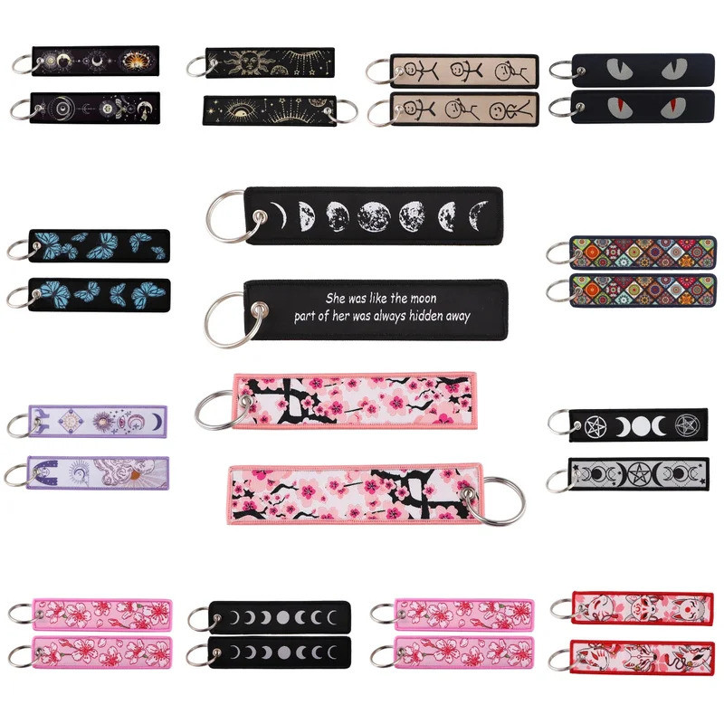 Cherry Blossom Embroidery Key Fobs Moon Key Tag Cartoon Keychain For ...