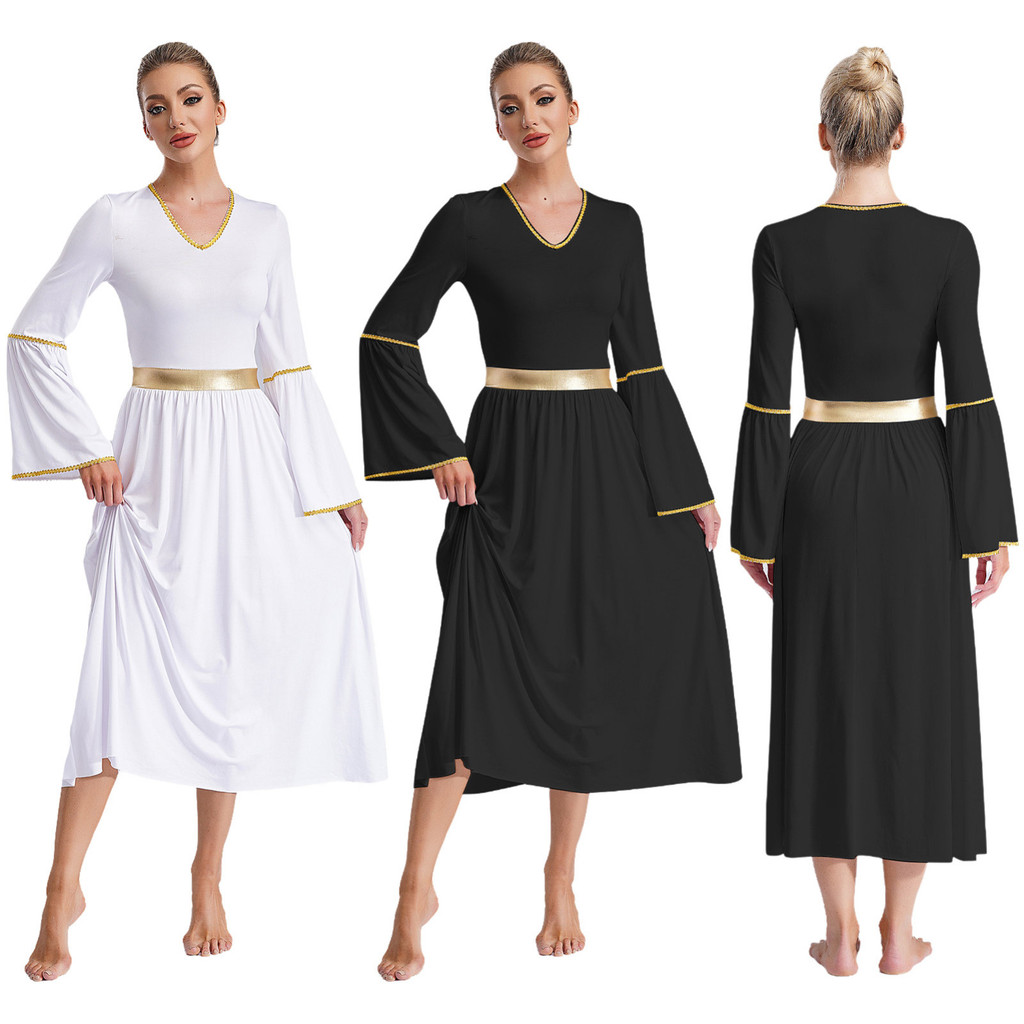 Xnihocha Women Angel Cosplay Costume Angel Dress Long Sleeve Gold Trim ...